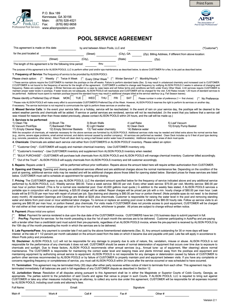 Pool Service Contract Template Fill Online Printable Fillable 