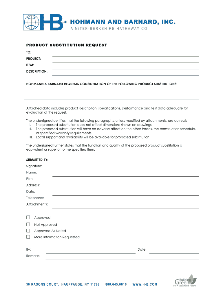 Fillable Online Product Substitution Request Form - Hohmann & Barnard ...