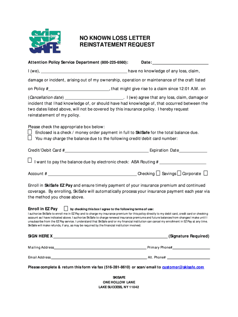 Fillable Online NO KNOWN LOSS LETTER REINSTATEMENT REQUEST Attention ...