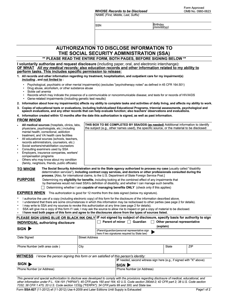 2012 Form SSA 827 Fill Online Printable Fillable Blank PdfFiller