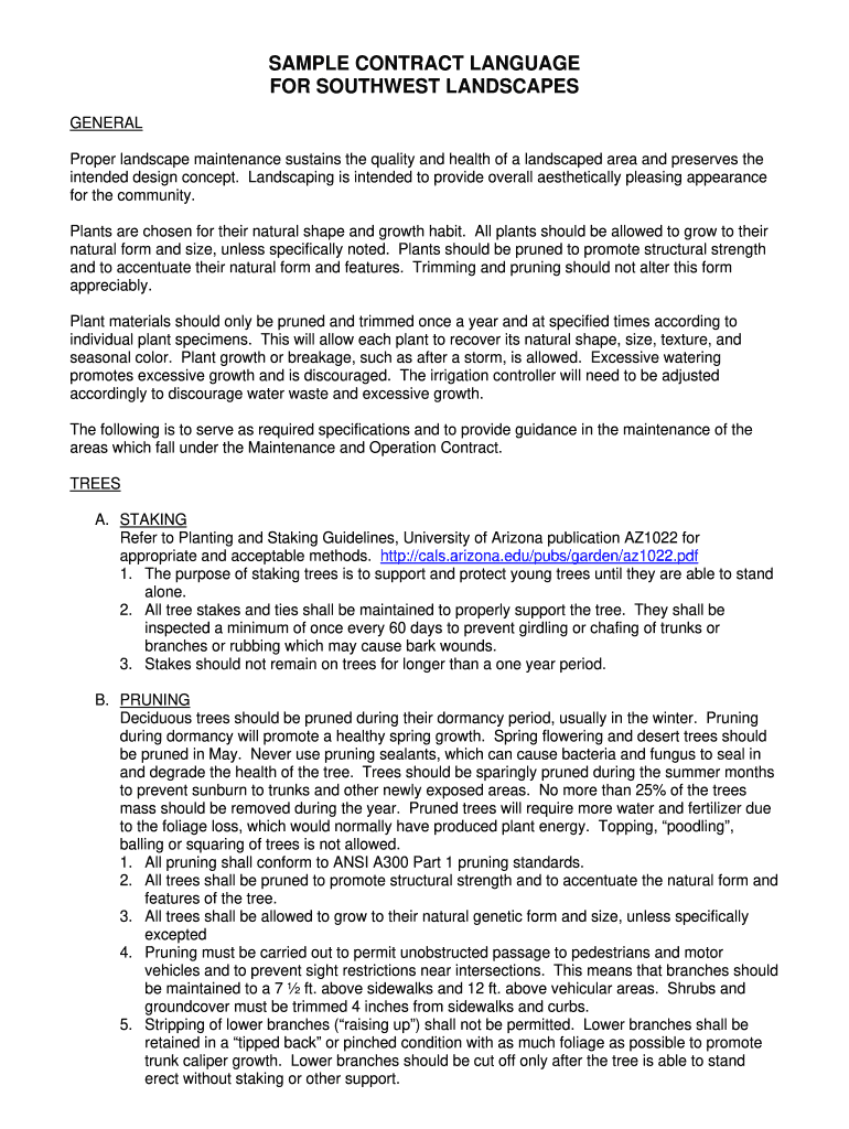 AZ Sample Contract Language for Southwest Landscapes Form - Fill Online, Printable, Fillable ...