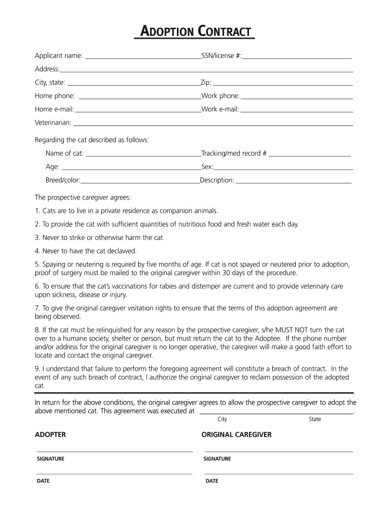 Cat Adoption Form Fill Online Printable Fillable Blank PdfFiller