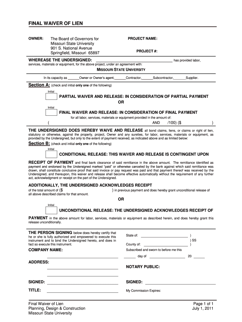 Fillable Online Final waiver of lien - Planning, Design & Construction ...