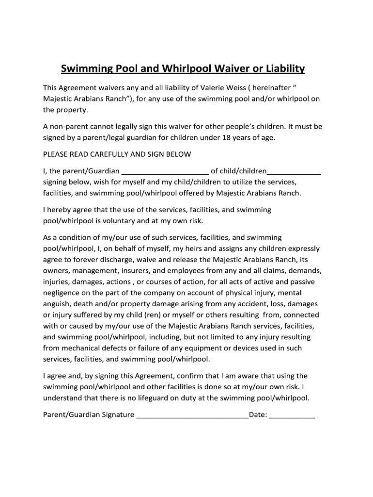 Printable Swimming Pool Waiver Template Printable Templates