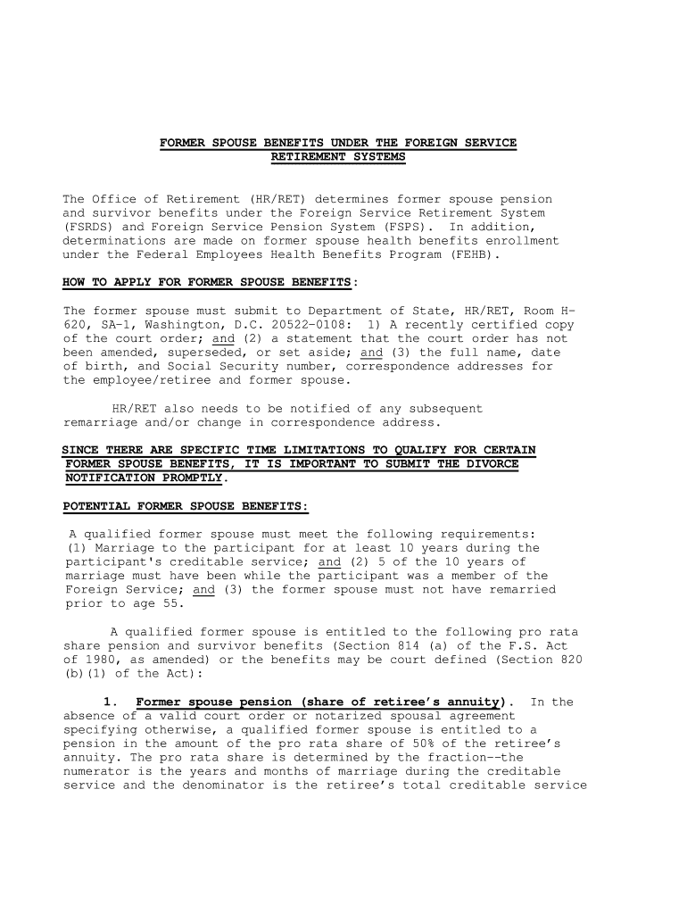 Fillable Online state Former Spouse Benefits1 - US Department of State ...