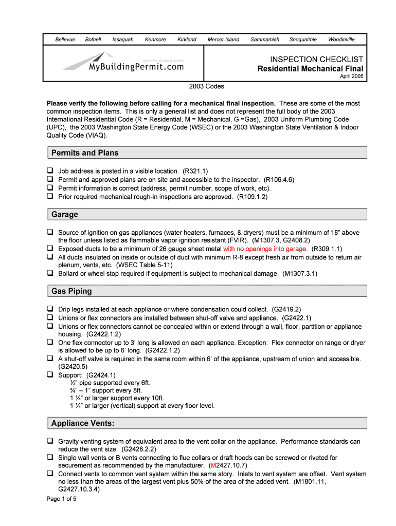 Fillable Online INSPECTION CHECKLIST Residential Mechanical Final ...
