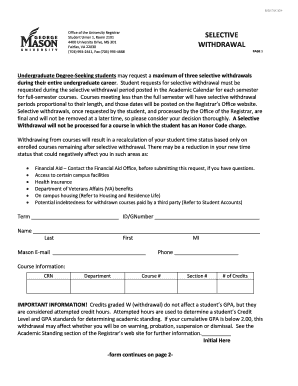 Fillable Online registrar gmu SELECTIVE WITHDRAWAL - University Registrar Fax Email Print ...