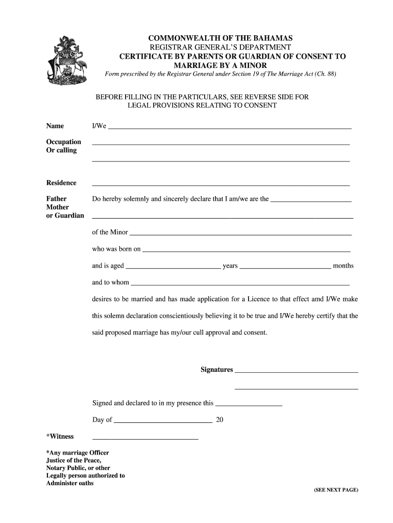 Fillable Online forms bahamas gov Certificate of Consent to Marriage by ...