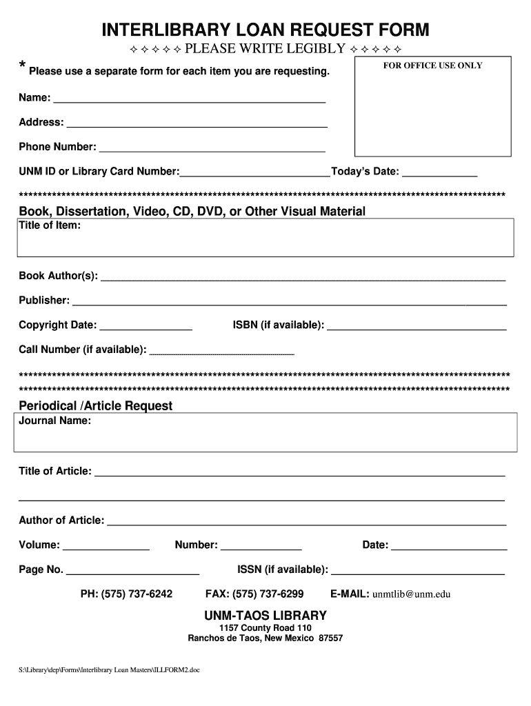 Fillable Online taos unm INTERLIBRARY LOAN REQUEST FORM - Taos - taos ...