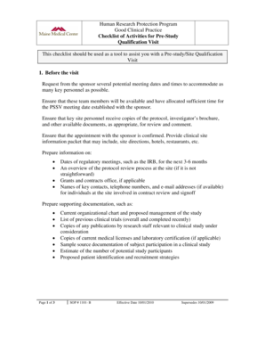 Fillable Online mmcri Checklist of Activities for Pre-Study ...