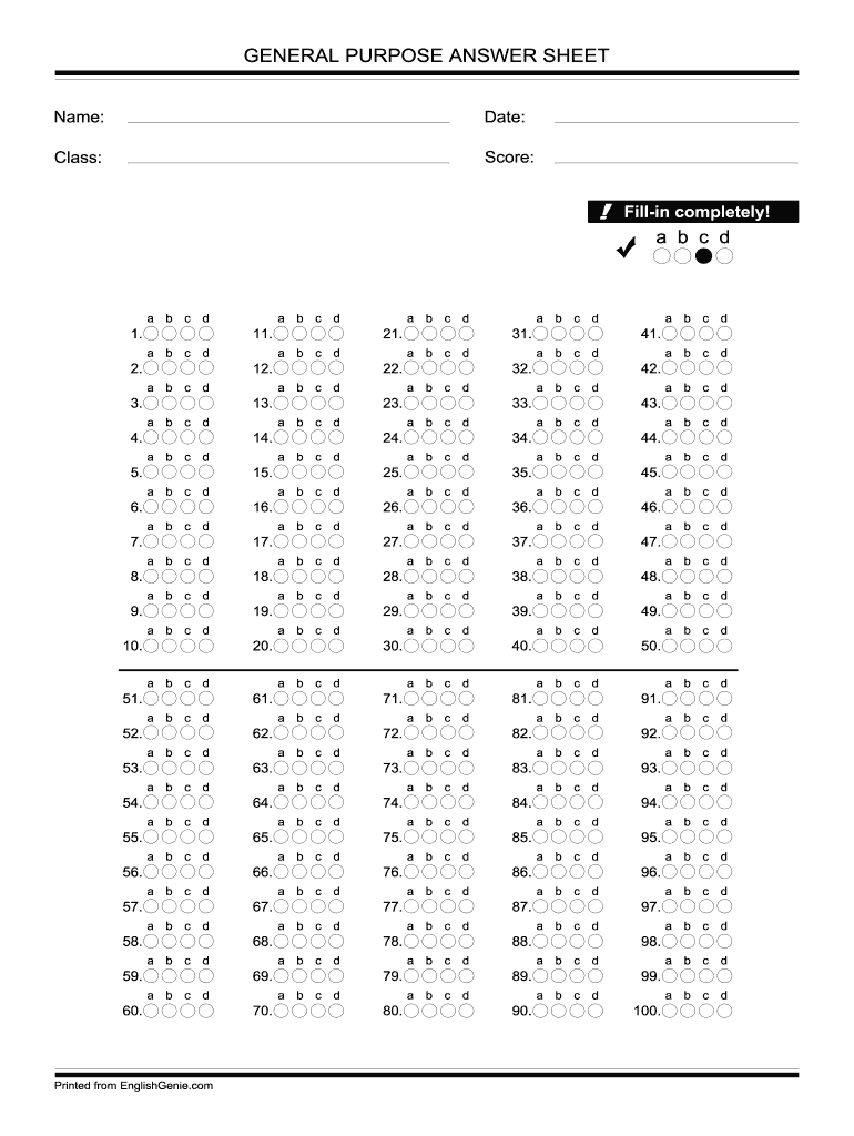 Multiple Choice Answer Sheet 1 100