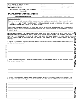 Fillable Online AMR001.000 - ACP Statement of values and wishes ...
