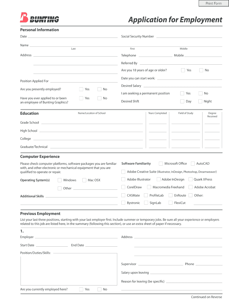 Fillable Online Download an Employment Application - Bunting Graphics ...