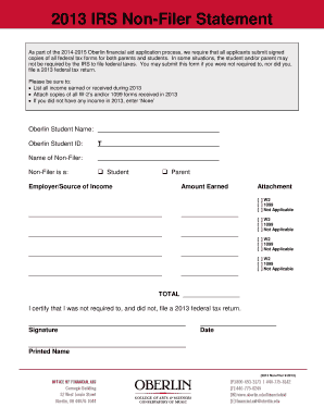 Fillable Online new oberlin 2013 IRS Non-Filer Statement - new oberlin ...