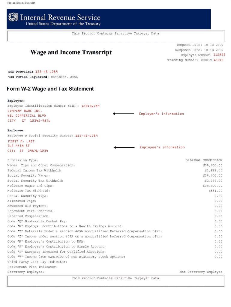 Tax Return Transcript Sample