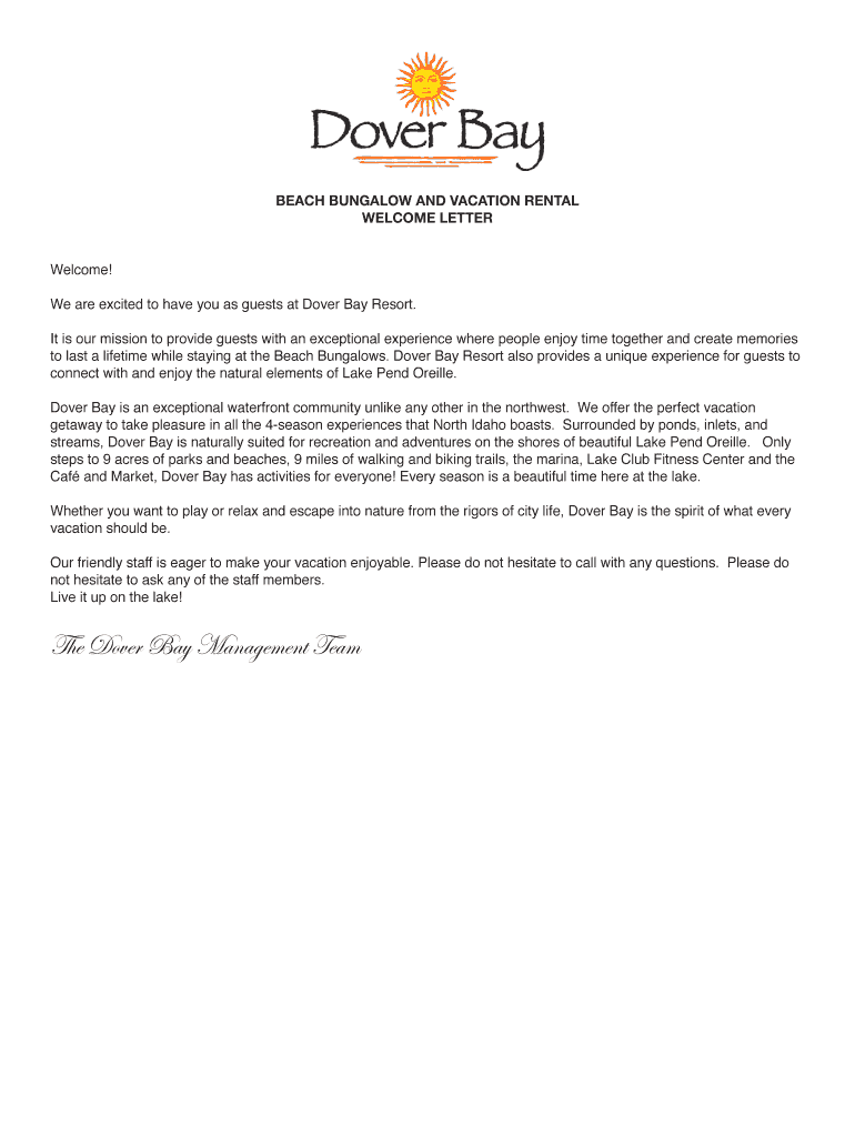 Fillable Online Letter - Dover Bay Bungalows Fax Email Print - pdfFiller