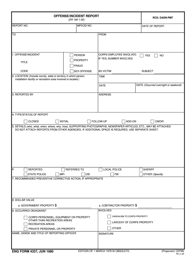 Fillable Online ENG FORM 4337. OFFENSE/INCIDENT REPORT Fax Email Print ...