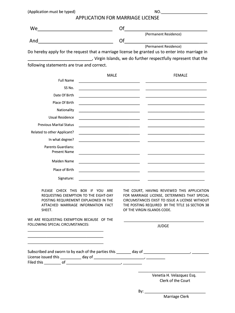 Fillable Online visuperiorcourt Application for Marriage License - VI ...