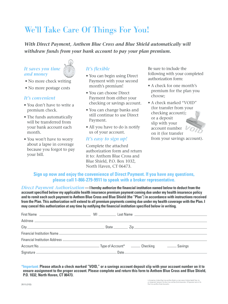 Fillable Online With Direct Payment, Anthem Blue Cross and Blue Shield ...