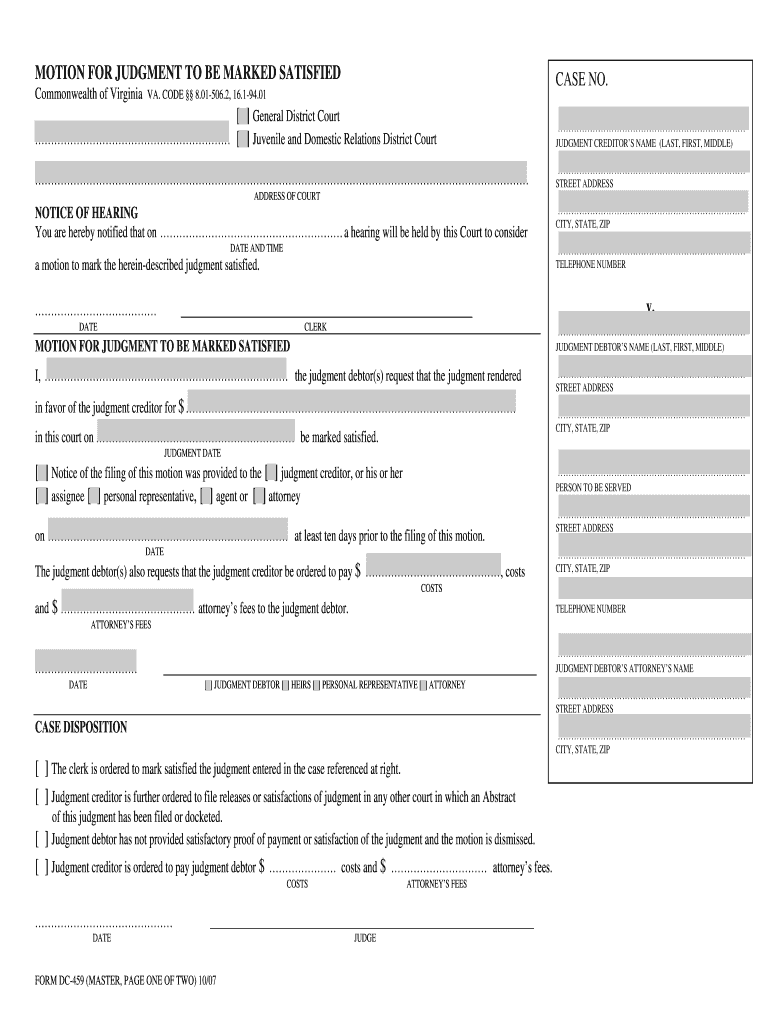 Fillable Online courts state va DC-459 Motion for Judgment to be Marked ...