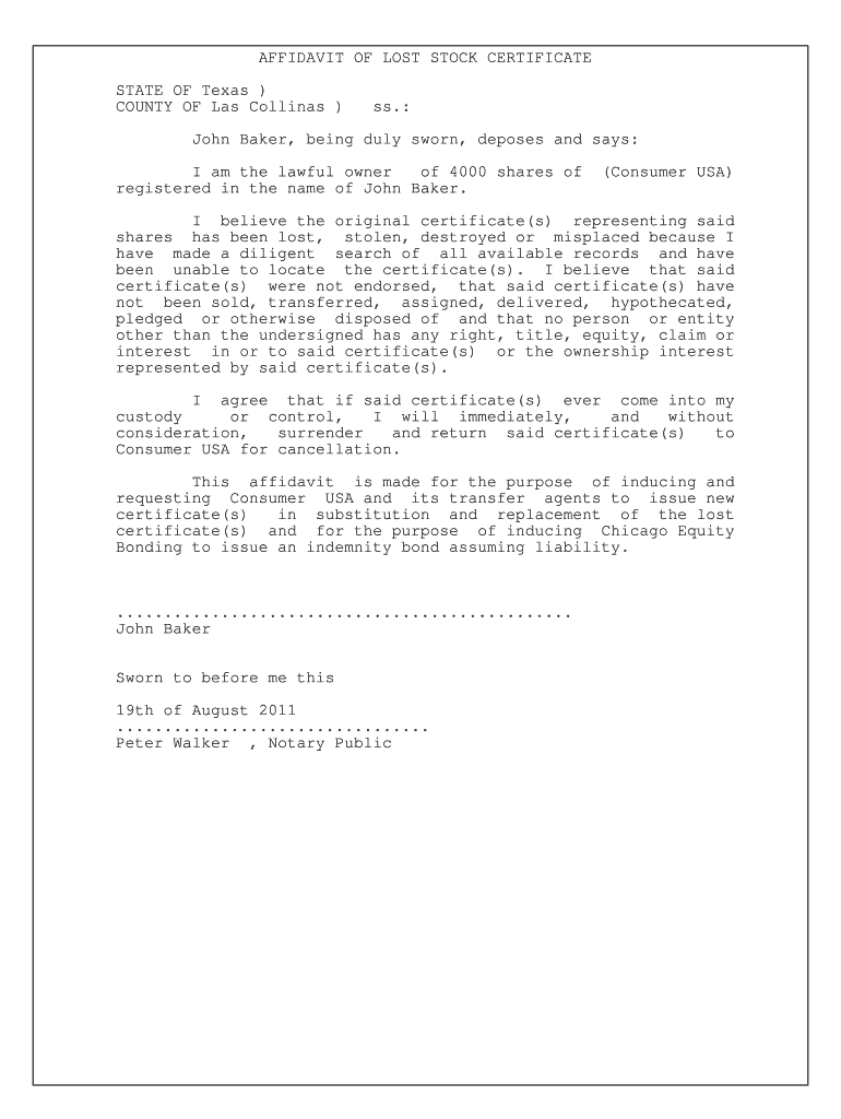 Affidavit Of Lost Stock Certificate - Fill Online, Printable, Fillable ...