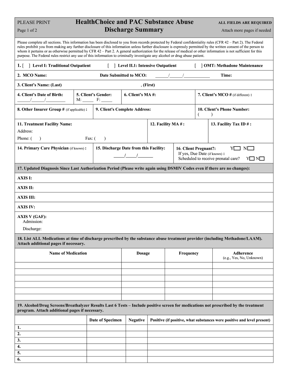 Fillable Substance Abuse Discharge Form Print PDF On IPad