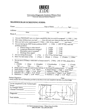 Fillable Online Mammogram Form - University Diagnostic Institute Fax ...