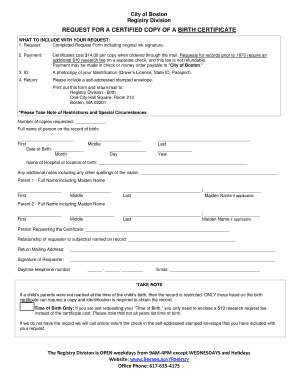 Fillable Online cityofboston Request for a certified copy of a birth ...