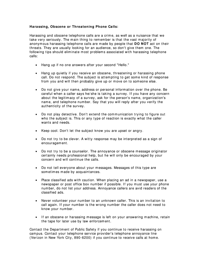 Fillable Online kbcc cuny Harassing, Obscene or Threatening Phone Calls ...