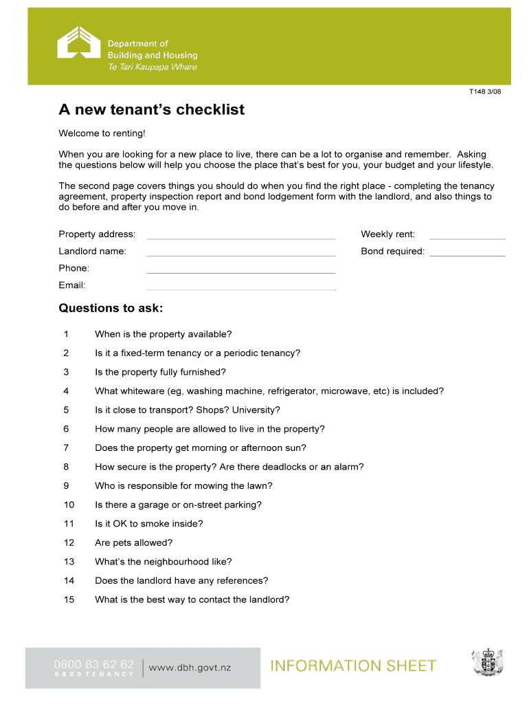 Fillable Online otago ac Information sheet - A new tenant's checklist ...