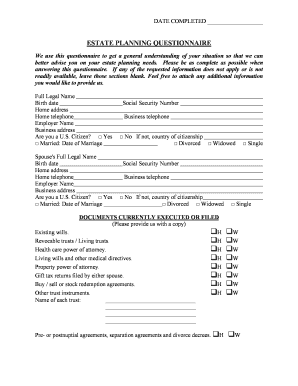 Fillable Online ESTATE PLANNING QUESTIONNAIRE - Strohschein Law Group Fax Email Print - pdfFiller
