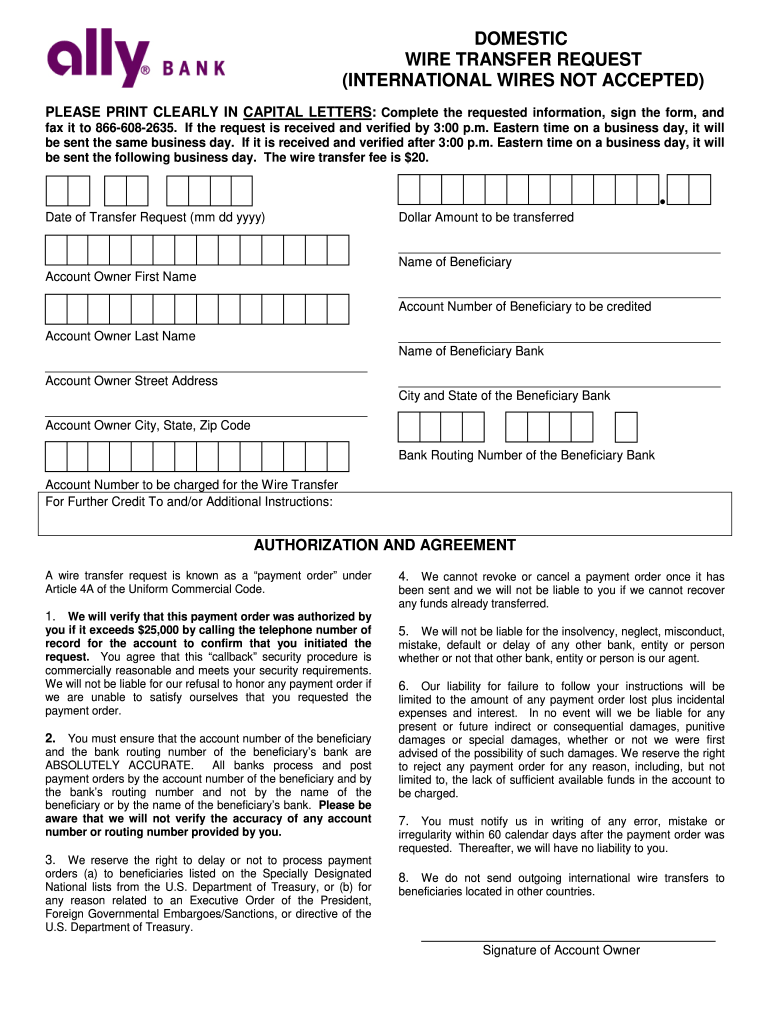Ally Bank Domestic Wire Transfer Form - Fill and Sign Printable ...