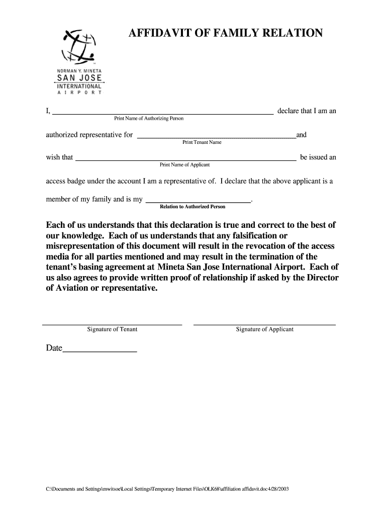 Fillable Online Affidavit of family relation - Mineta San Jos ...