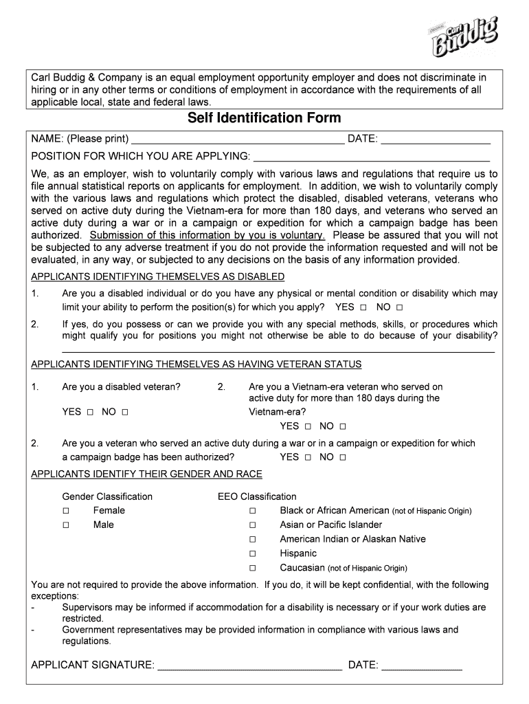 Fillable Online Self Identification Form - Buddig Fax Email Print ...