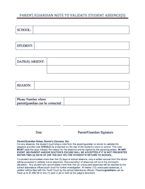 Fillable Online PARENT/GUARDIAN NOTE TO VALIDATE STUDENT ABSENCE(S) Fax ...