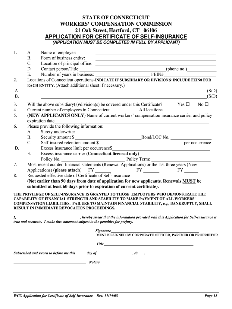 Fillable Online wcc state ct Employer Self-Insurance Application ...