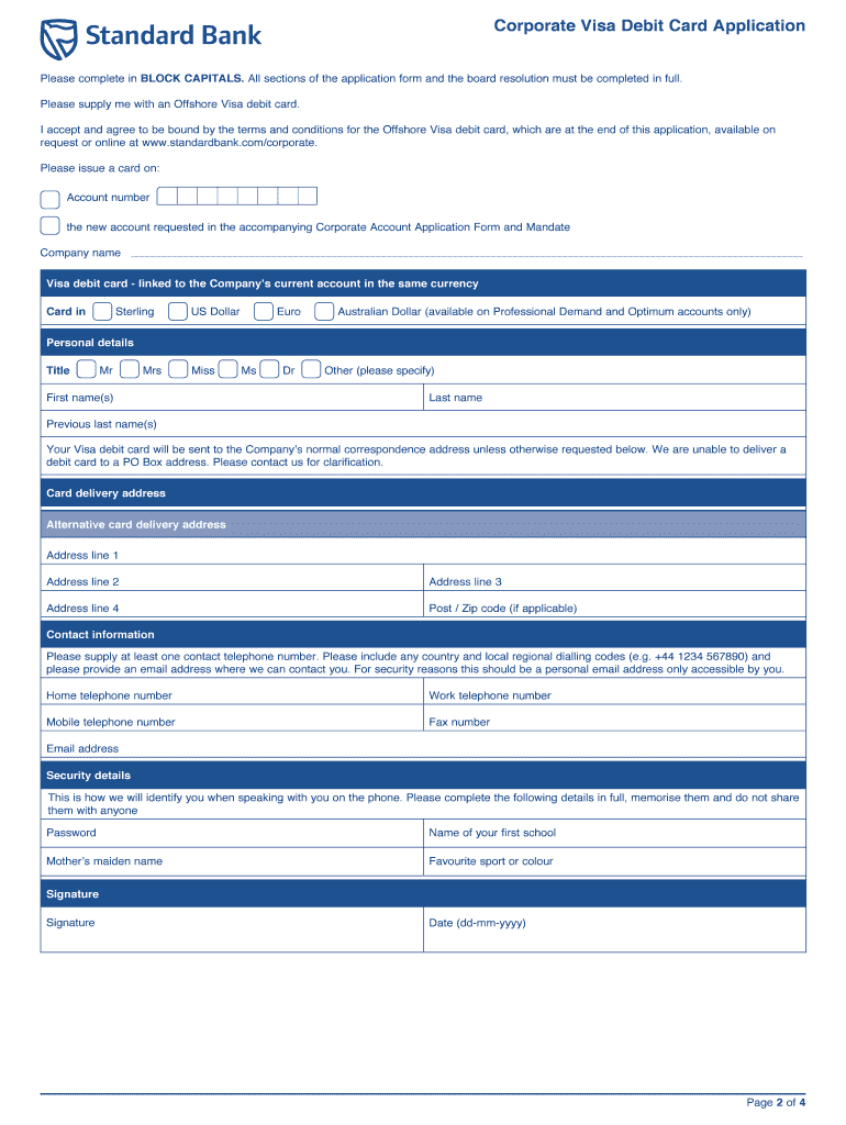 Fillable Online Corporate Visa Debit Card Application - Standard Bank Fax Email Print - pdfFiller