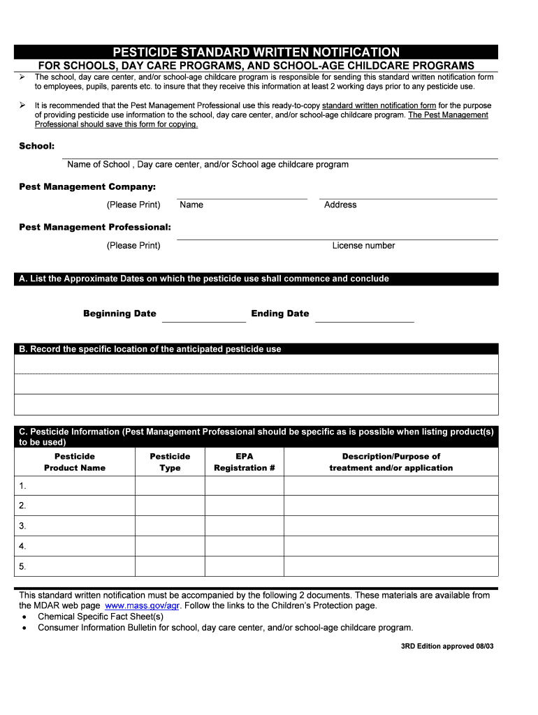 Fillable Online PESTICIDE STANDARD WRITTEN NOTIFICATION - MassNRC.org ...