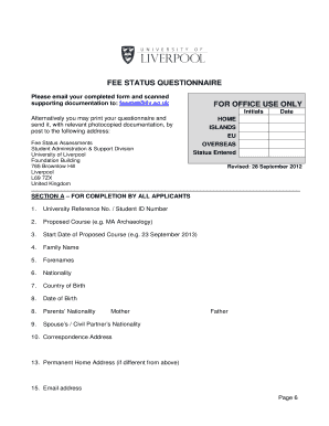 Fillable Online liv ac FEE STATUS QUESTIONNAIRE GUIDANCE FOR COMPLETION ...