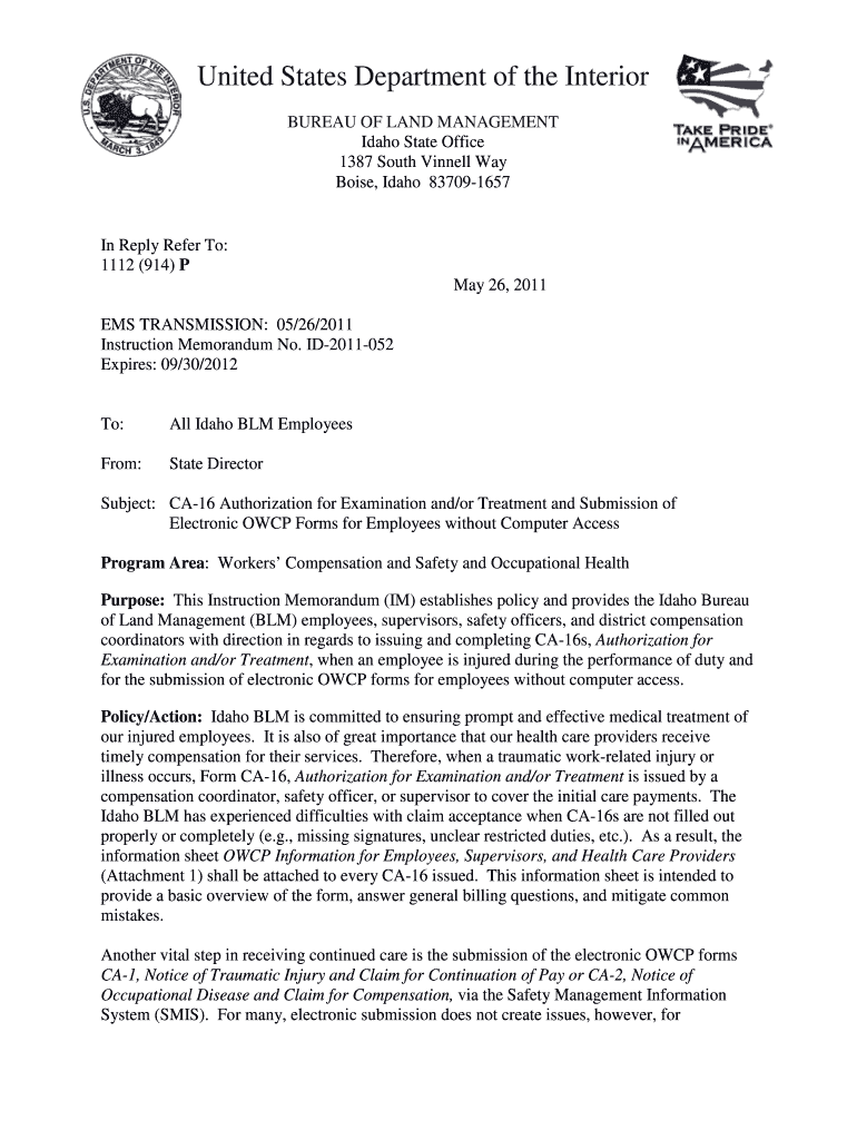 Fillable Online blm CA-16 Authorization for Examination and/or ...