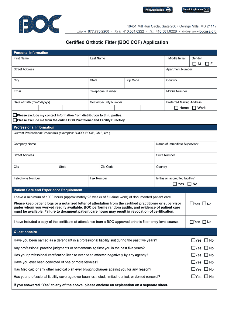 Fillable Online bocusa Certified Orthotic Fitter (BOC COF) Application ...