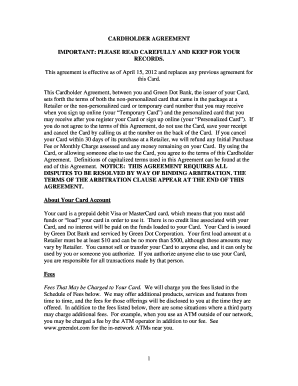 Fillable Online GD Bank Draft Cardholder Agreement - Green Dot Fax ...