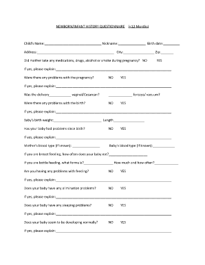 Fillable Online NEWBORN/INFANT HISTORY QUESTIONNAIRE - Oak Park ... Fax ...