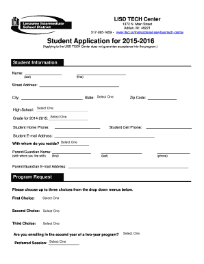 Fillable Online 2015-2016 LISD TECH Center Application - Lenawee ...