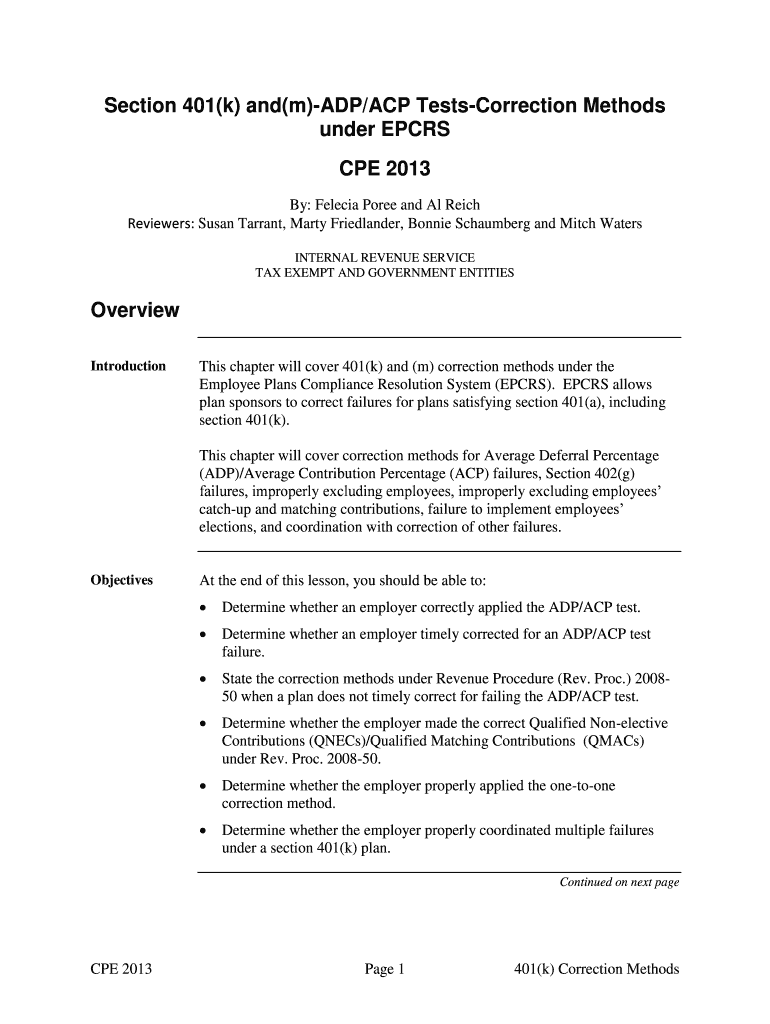 Fillable Online irs Section 401(k) and (m)-ADP/ACP Tests - Correction ...