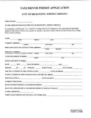 Fillable Online highpointnc Taxi Driver Permit Application PDF Fax ...