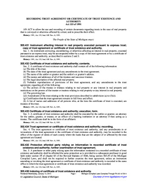 Fillable Online legislature mi Recording trust agreement or certificate of trust existence ...