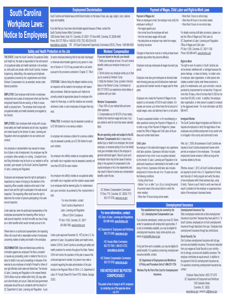 Fillable Online South Carolina Workplace Laws: Notice to Employees Fax ...