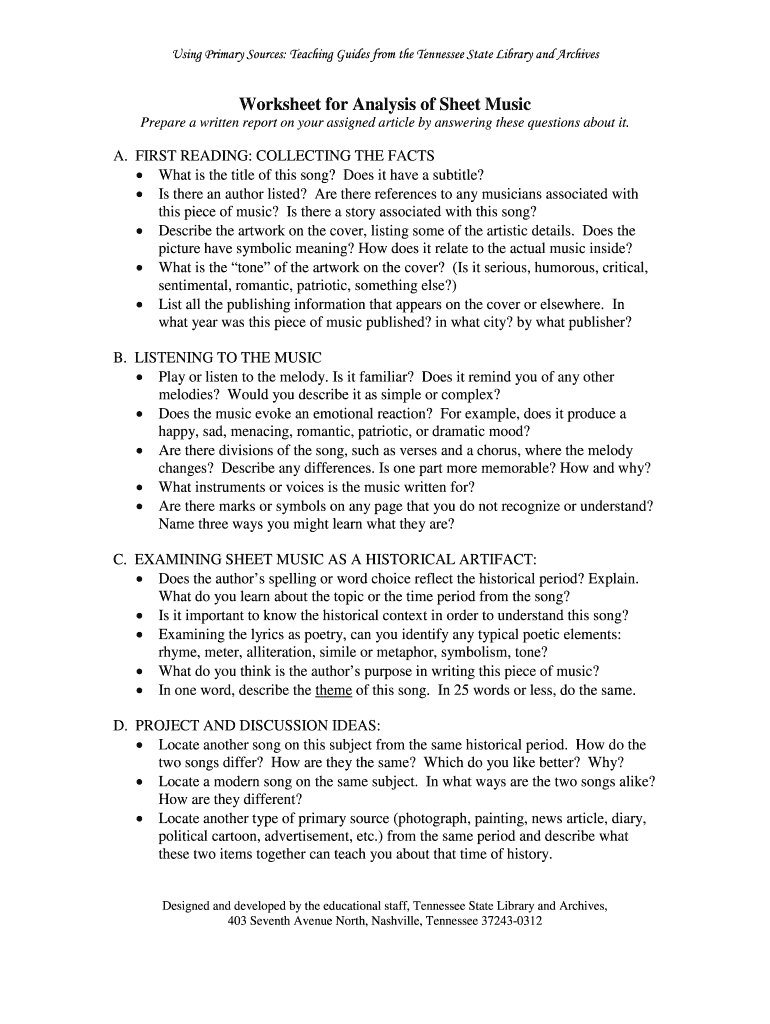 Fillable Online tennessee Worksheet for Analysis of Sheet Music Fax ...