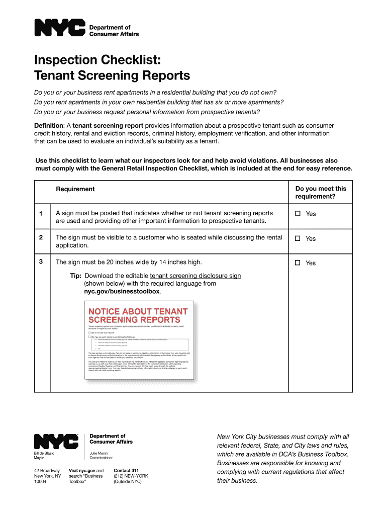 Fillable Online nyc Inspection Checklist: Tenant Screening Reports ...
